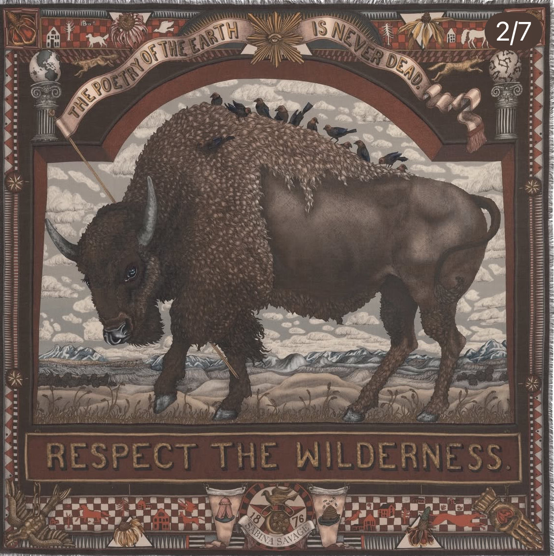 "Secrets of the Bison" 135cm Square Wool/Silk Scarf Sanguine/Silver by ...