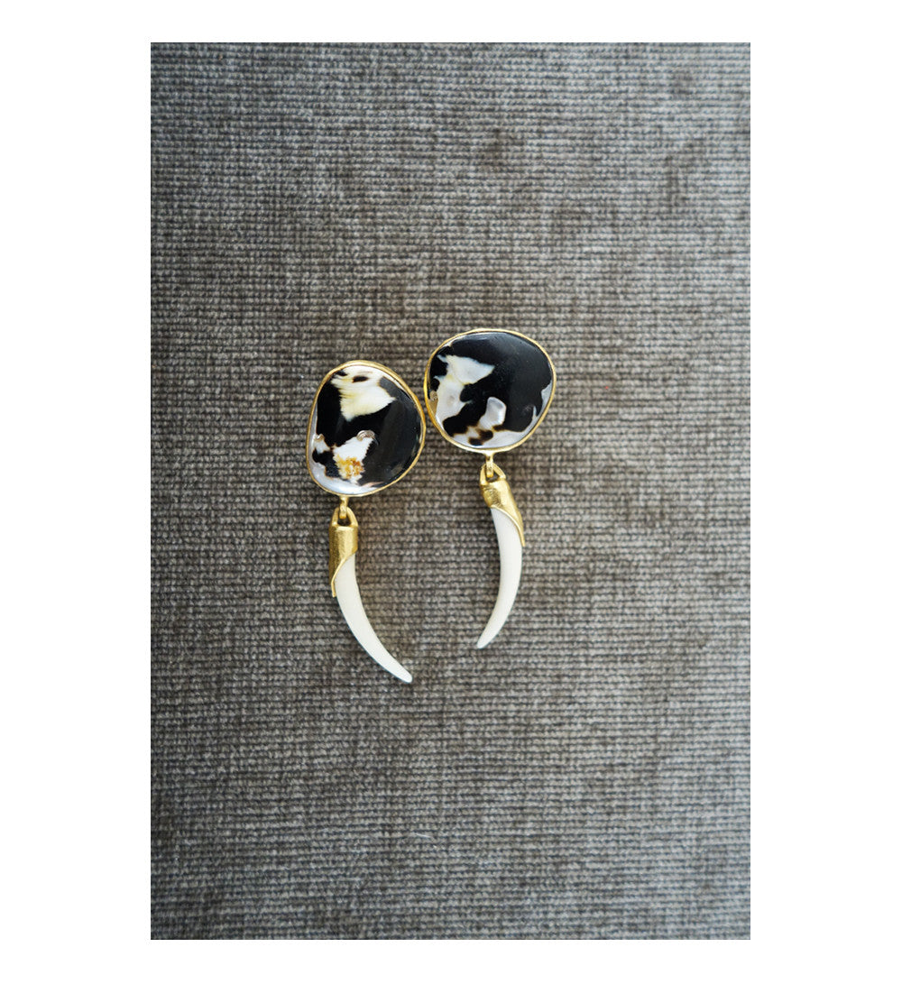Heather Benjamin | Handmade Black and White Shell Earrings with Tusk B ...